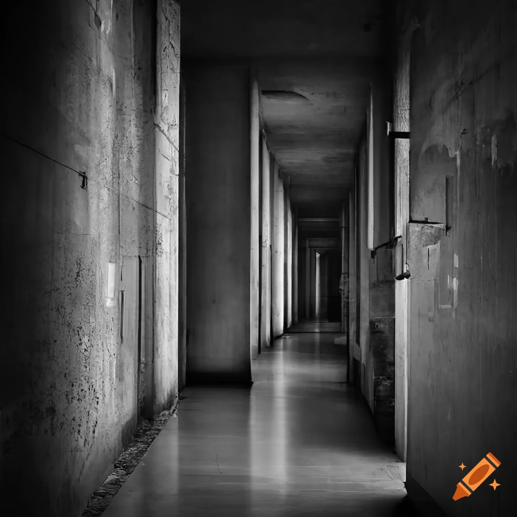 Realistic dark city ambiance with a brutalist hospital facade in black ...