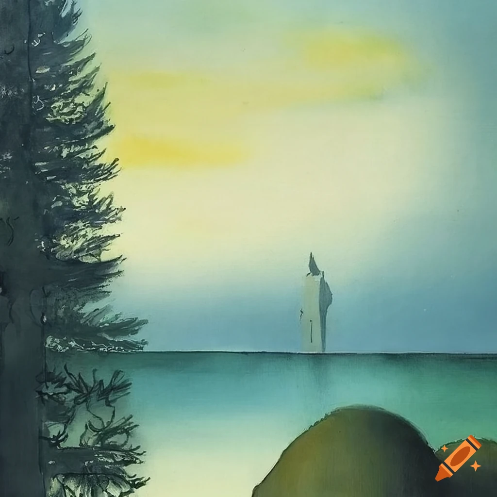 Watercolor landscape with white figure painting by rené magritte on Craiyon