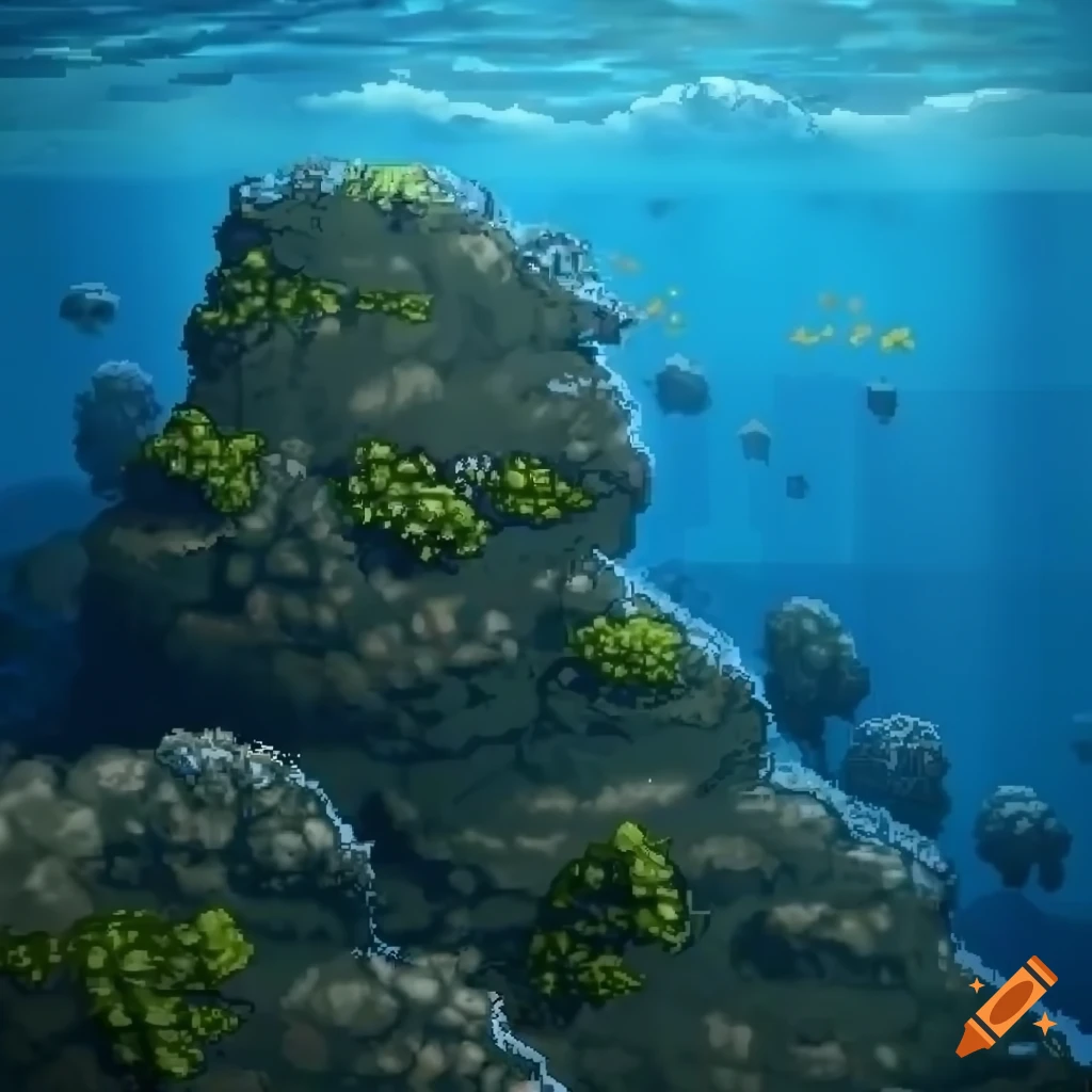 Realistic pixel art depicting the silurian period with sky, clouds ...