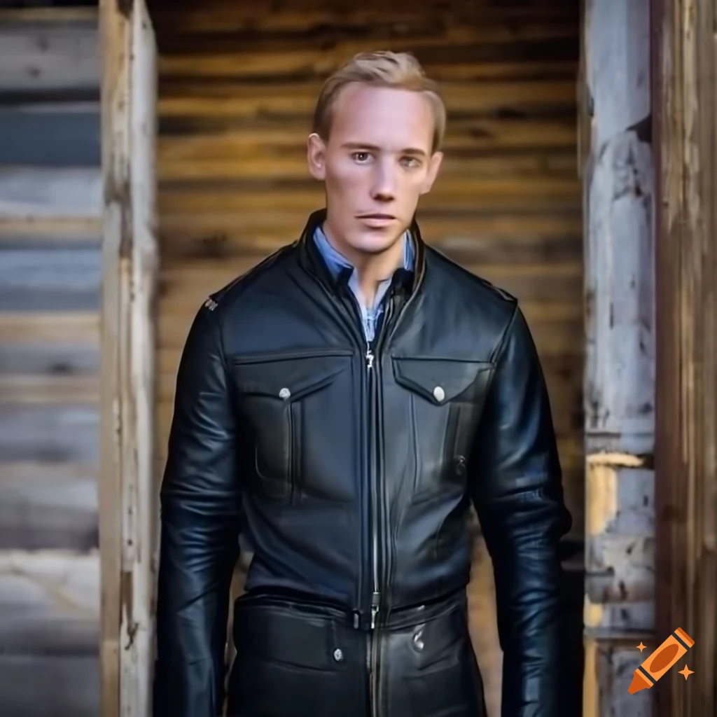 Blonde British actor in yellow plaid shirt and black leather jacket ...
