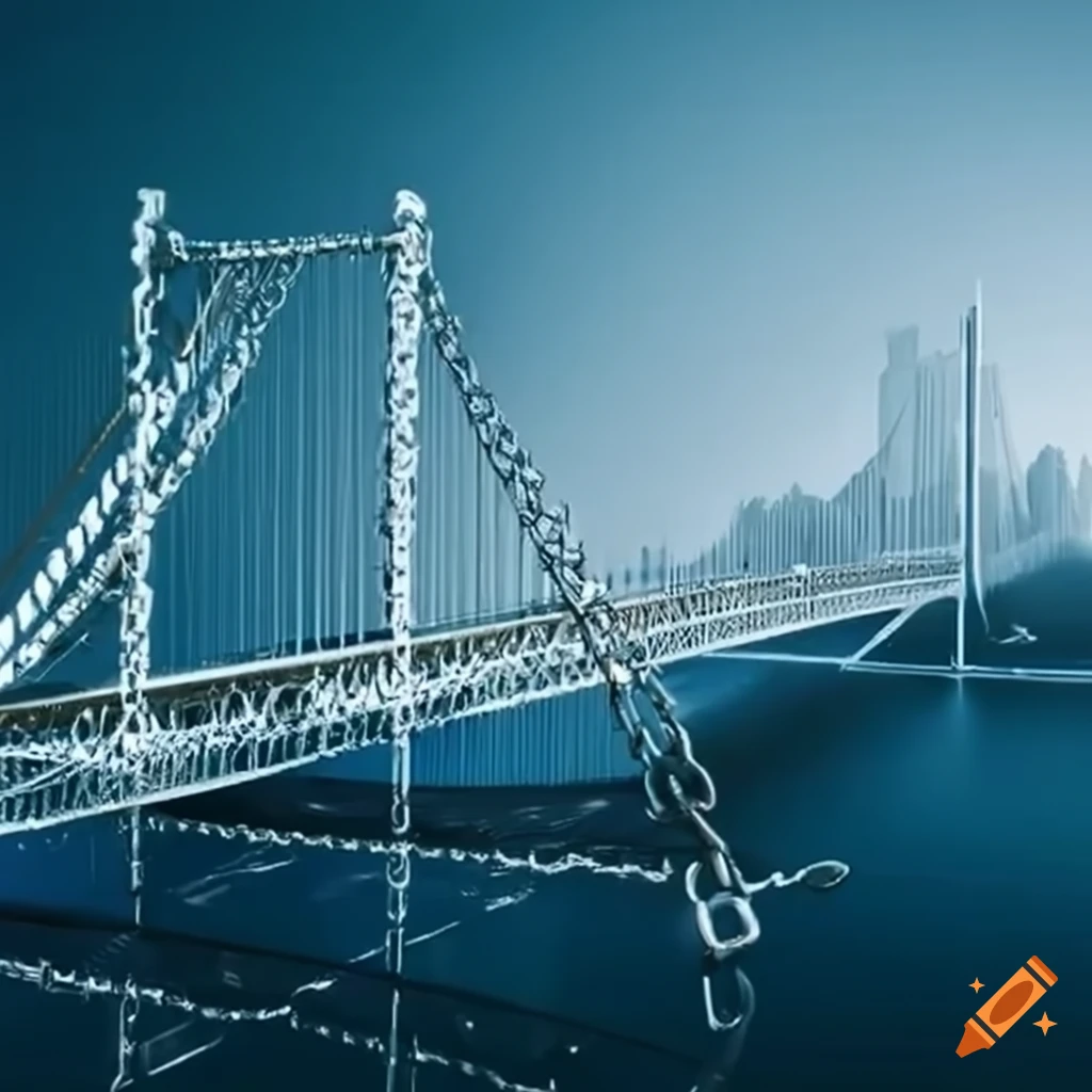 High-tech checkered suspension bridge with anvil-like vehicles hanging ...