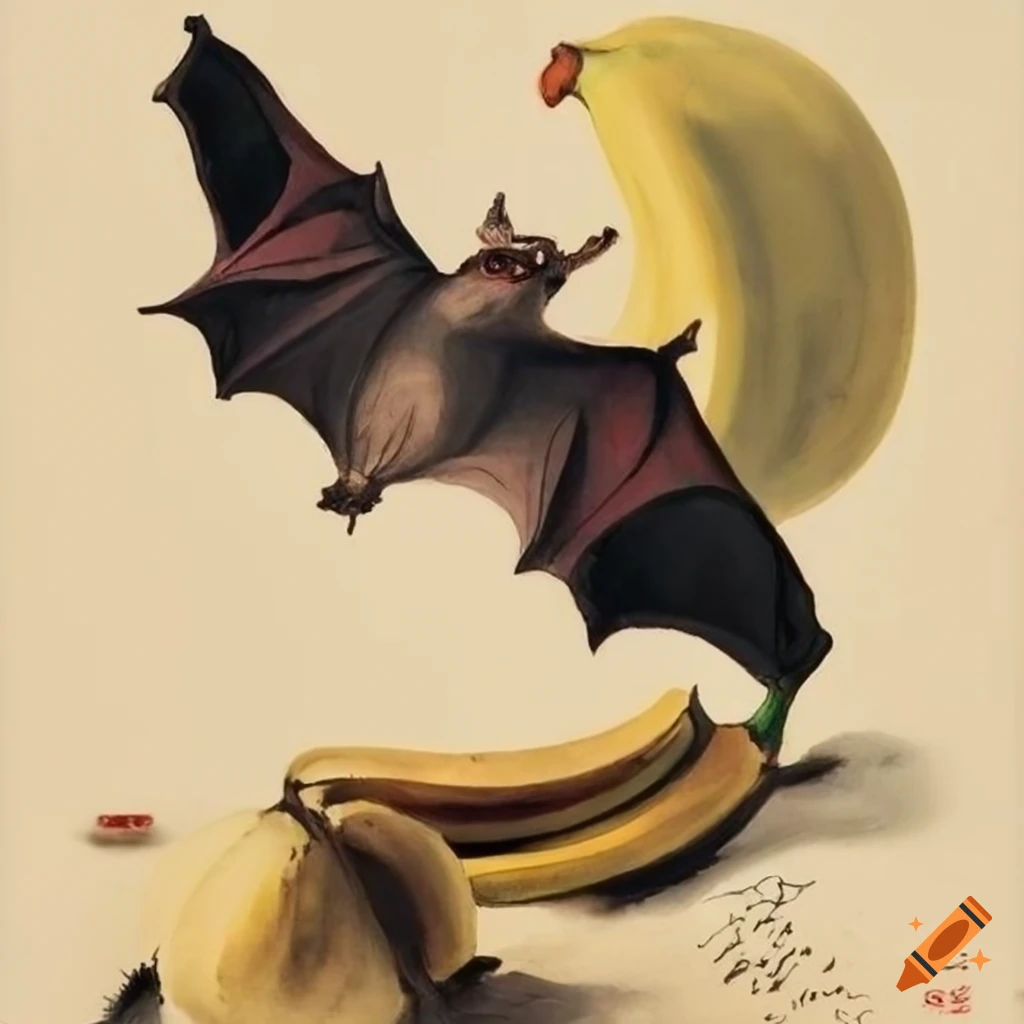 Chinese ink painting of a bat with a banana fruit on Craiyon
