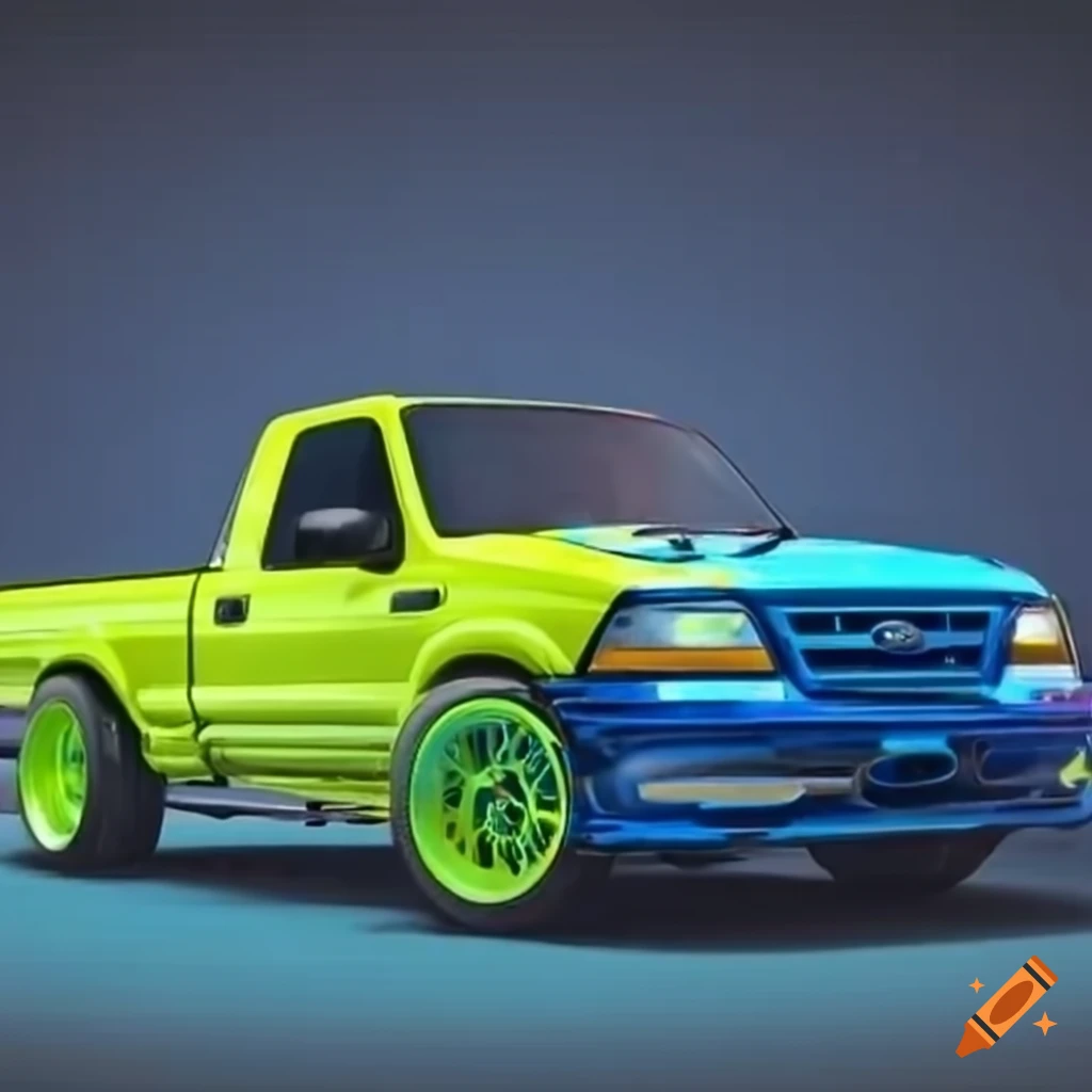 1998 Ford Ranger drift truck in blue and neon yellow colors on Craiyon