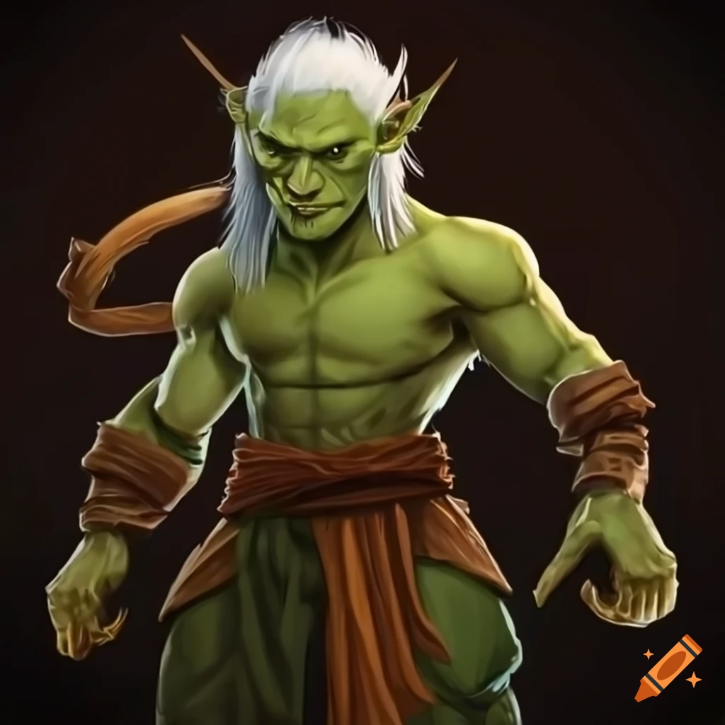 Muscular goblin monk with long white hair and short beard in a fighting stance on Craiyon