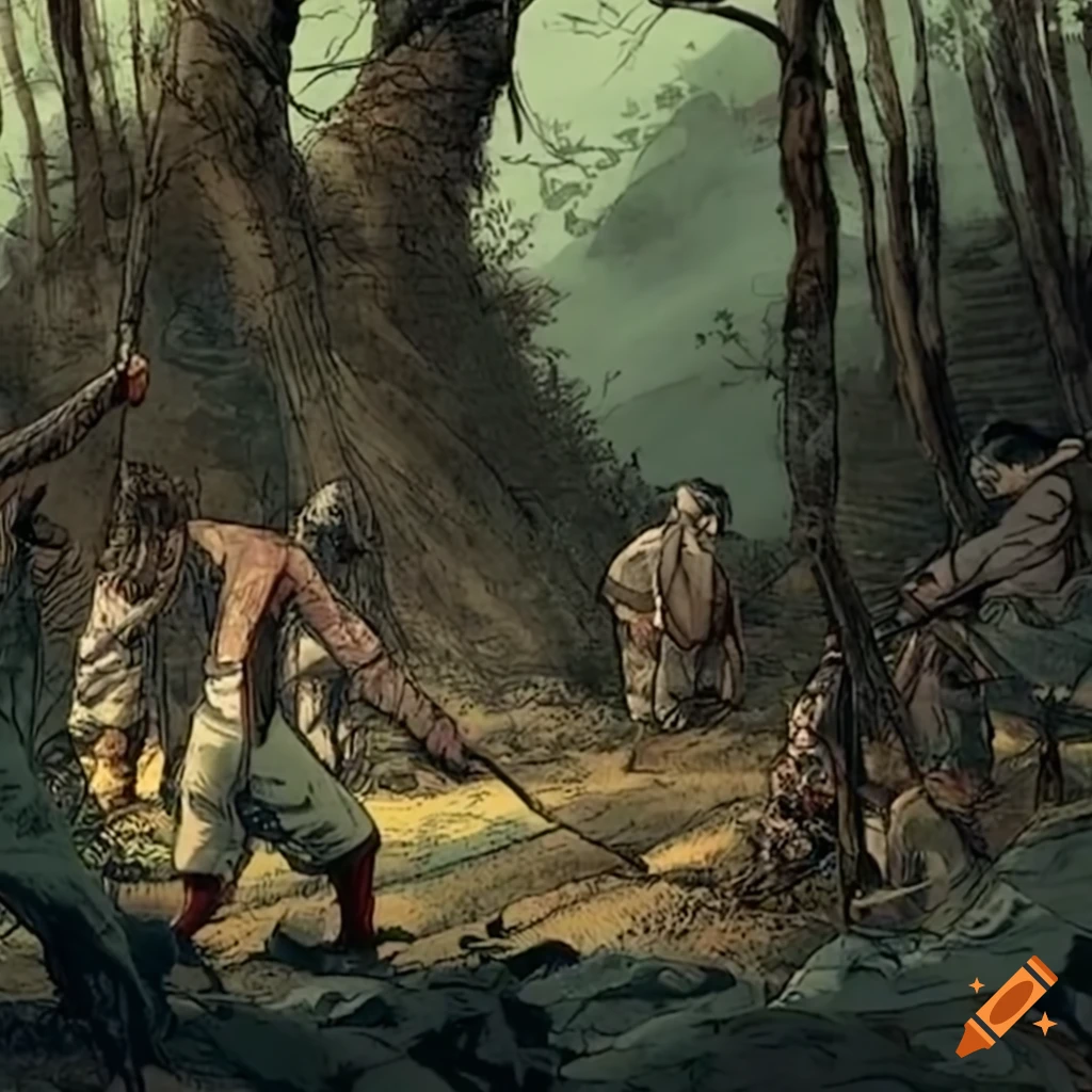 Historical tension between indigenous forest dwellers and colonial officials on Craiyon