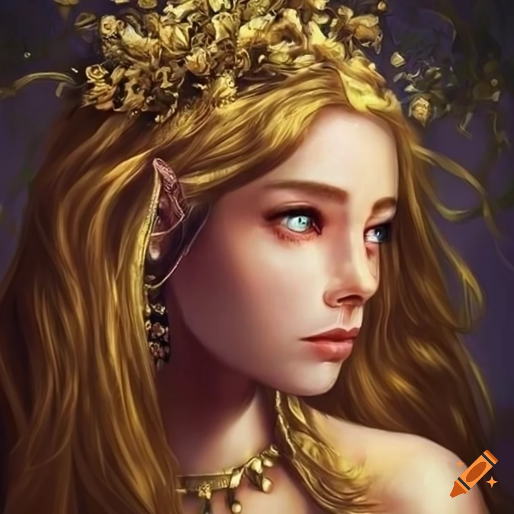 Stunning elven princess with golden hair and flowers, highly detailed ...