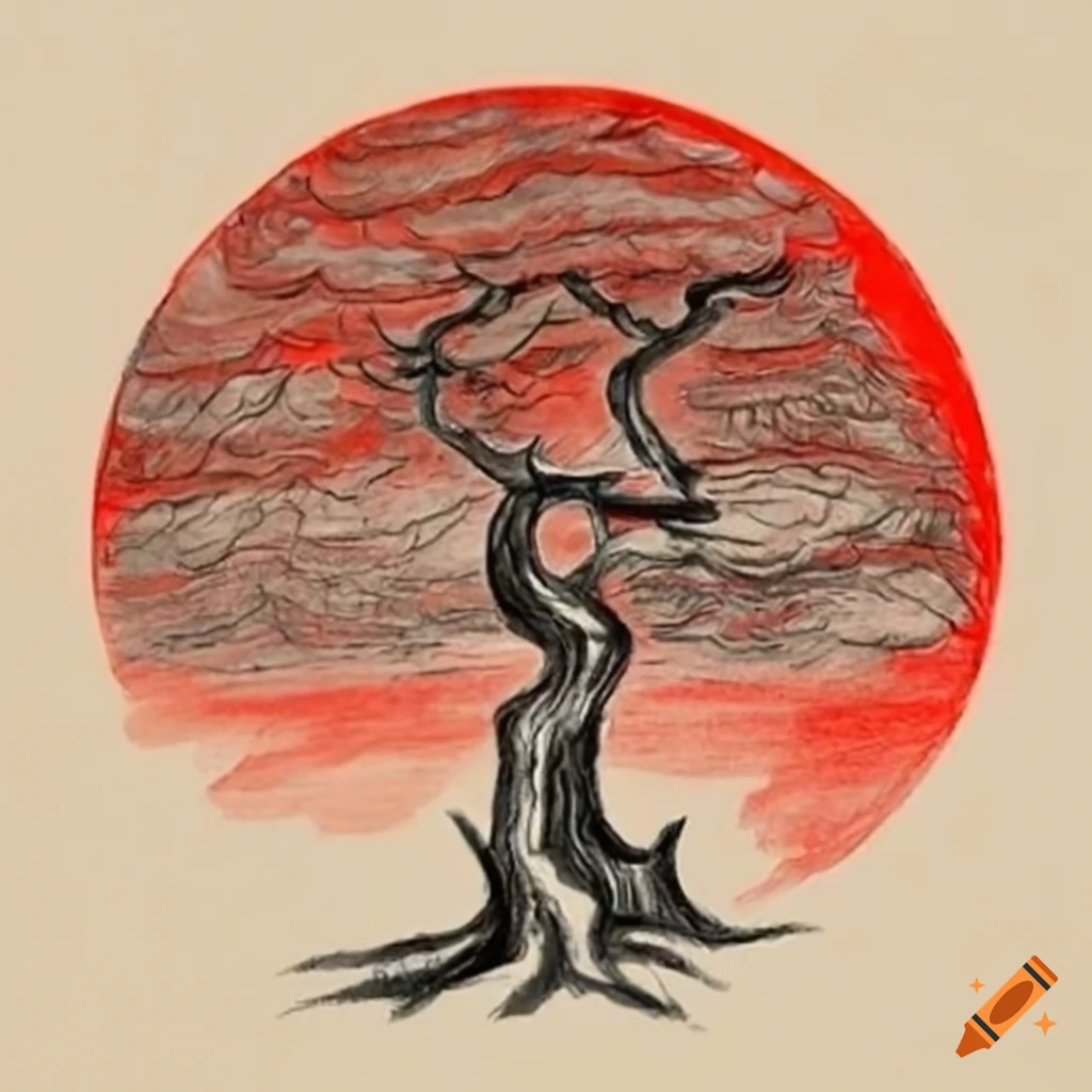 Ancient japanese style tree under a red sun on Craiyon