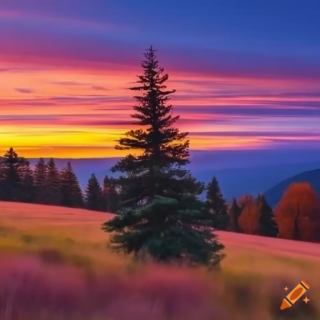 Pine tree illuminated by fiery sunset colors on a hill on Craiyon