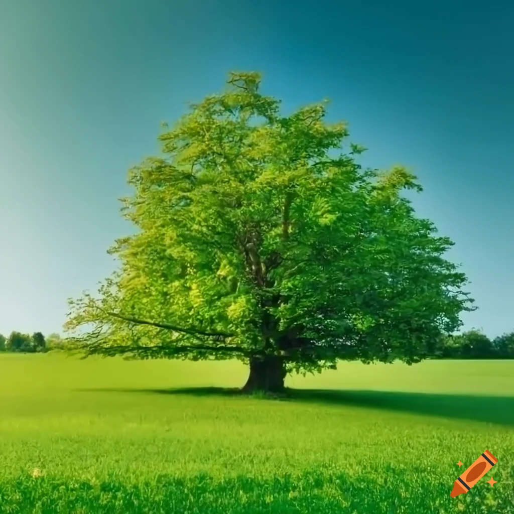 Graceful green tree with excessive leaves in a meadow against a light ...