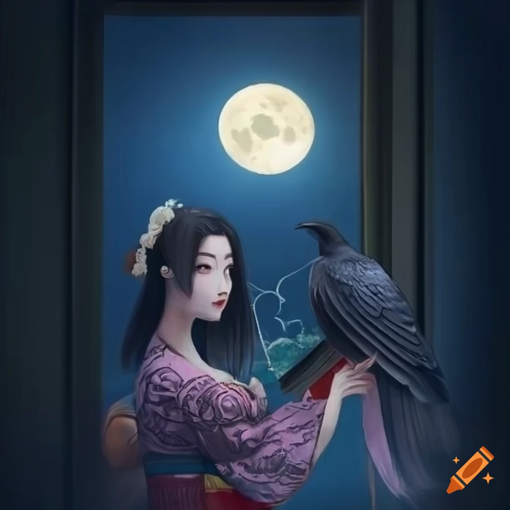 Elegant japanese woman creature in traditional attire with a raven ...