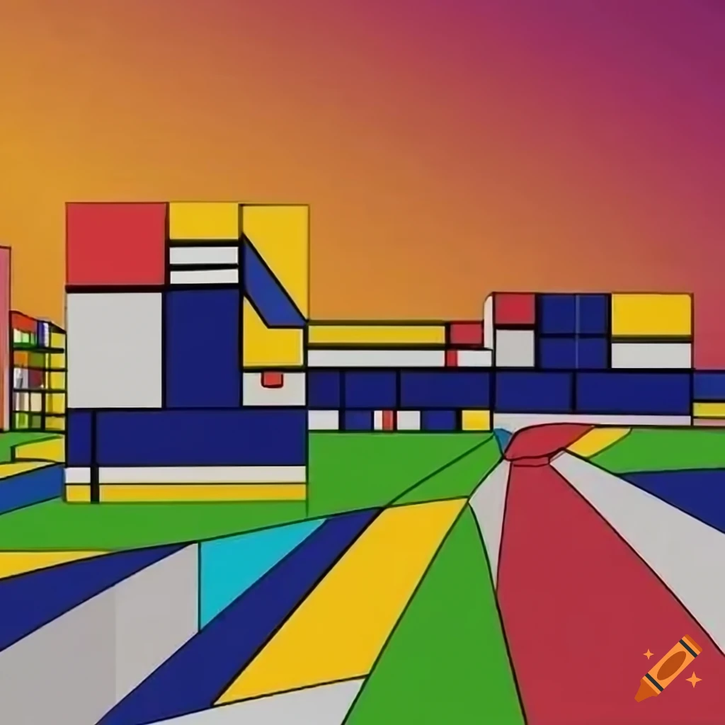 Perspective view of a city with mondrian-inspired buildings and cubist ...