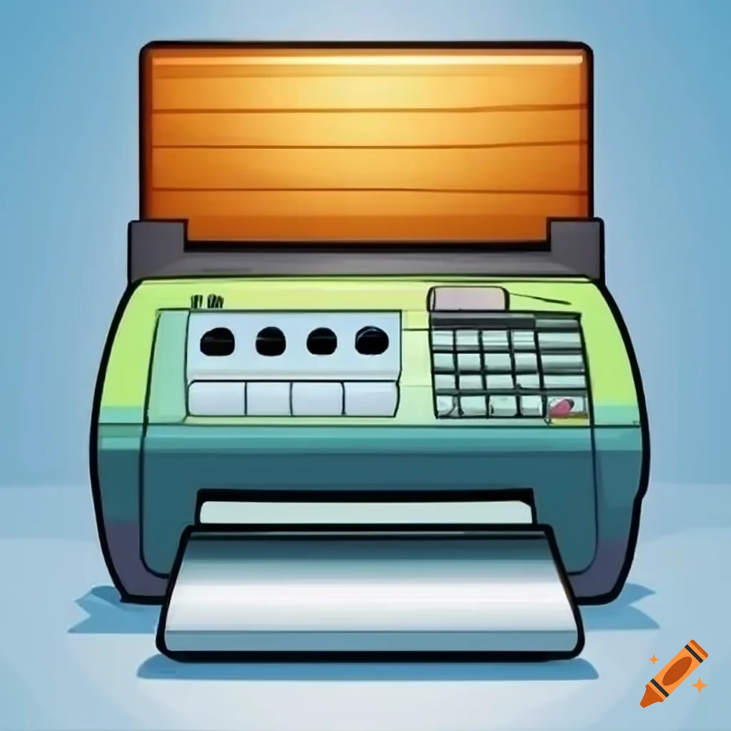 Colorful cartoon illustration of a fax machine in 1985 on Craiyon