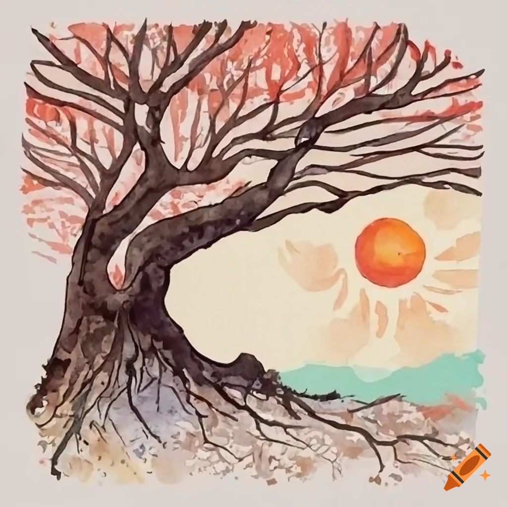 Ancient japanese-style tree with a red sun on Craiyon