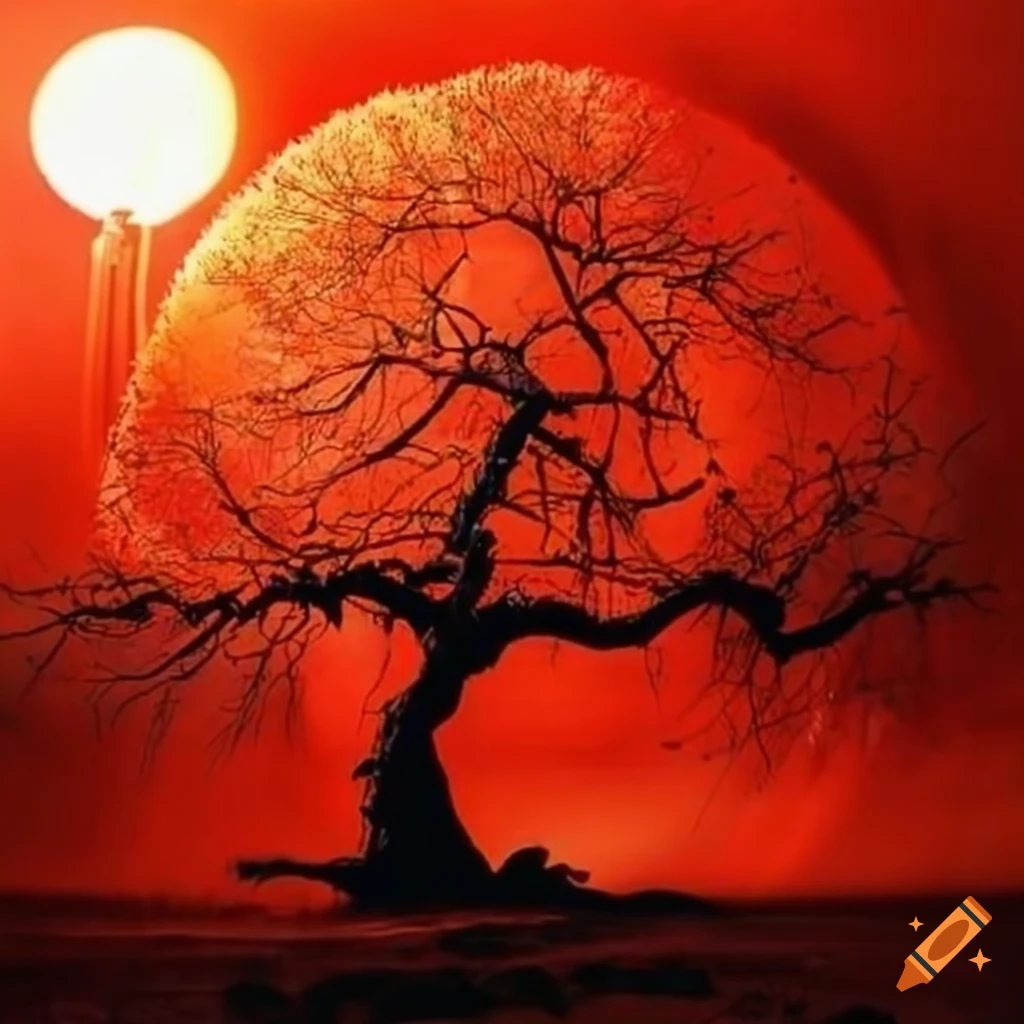 Ancient Japanese style acacia tree with a red sun on Craiyon