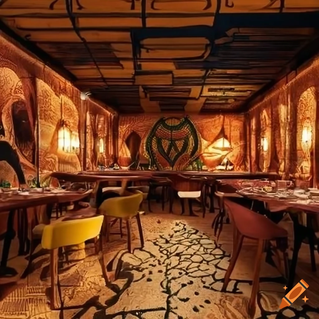 African-inspired restaurant interior with vibrant patterns and textiles ...