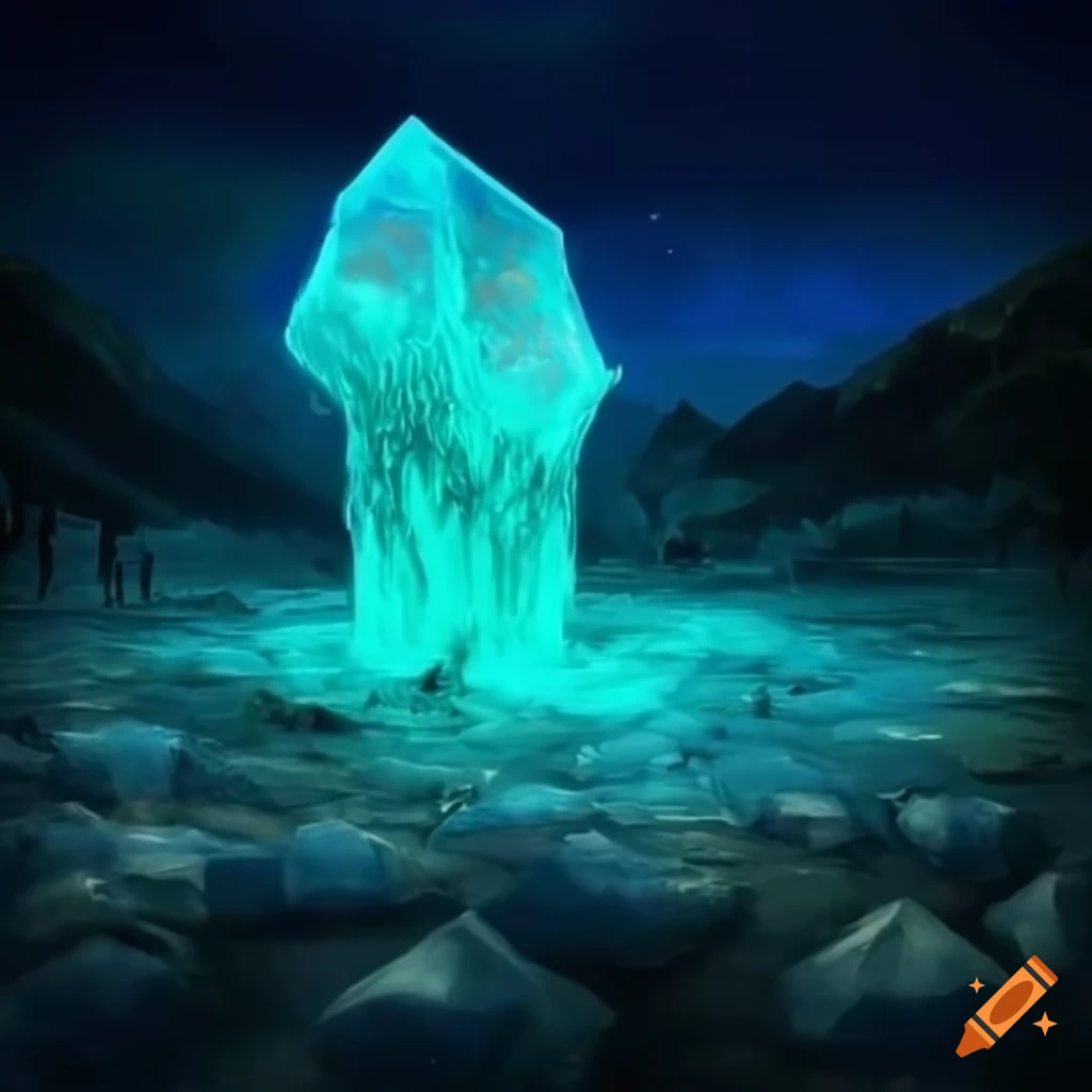 Glowing crystal with runes in a fantasy village setting on Craiyon