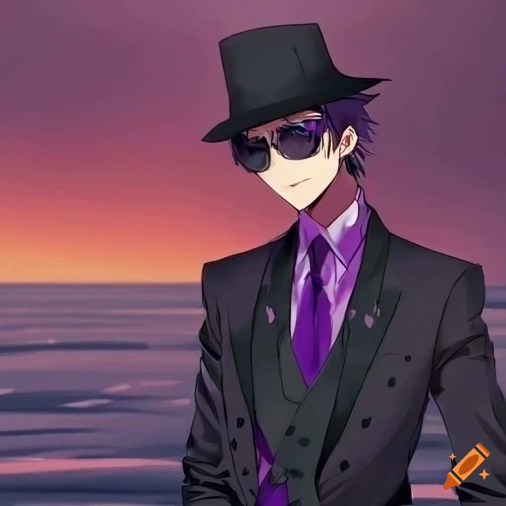 Anime character in black suit, fedora, and sunglasses during sunset on ...