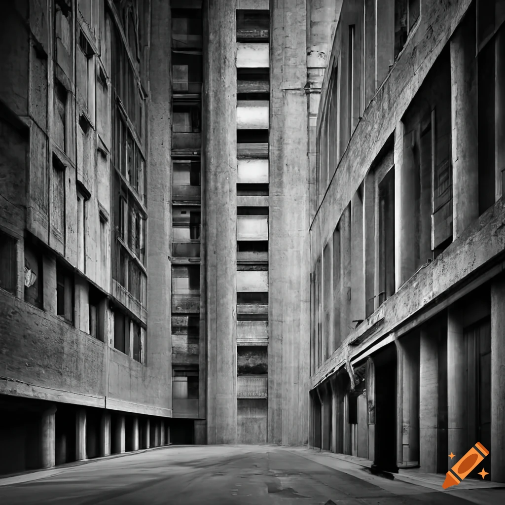 Hospital with brutalist facade in a dark city ambient on Craiyon