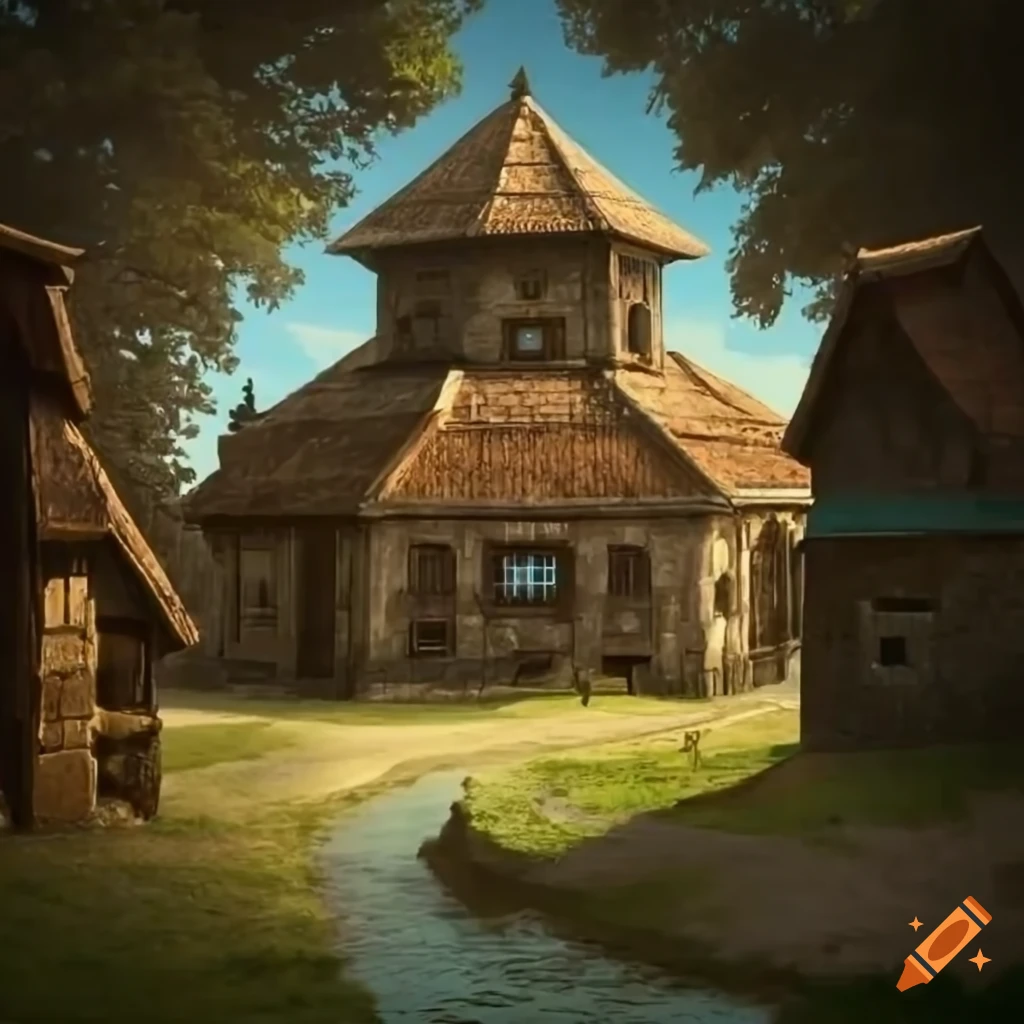 Medieval street with octagonal temple between stone houses in rocky ...