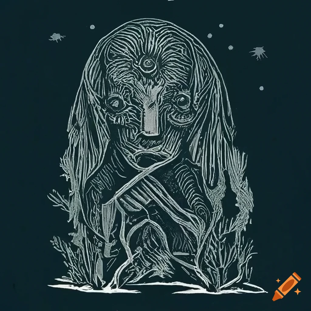 Monochrome linocut etching of a sad beautiful bog creature woman ...