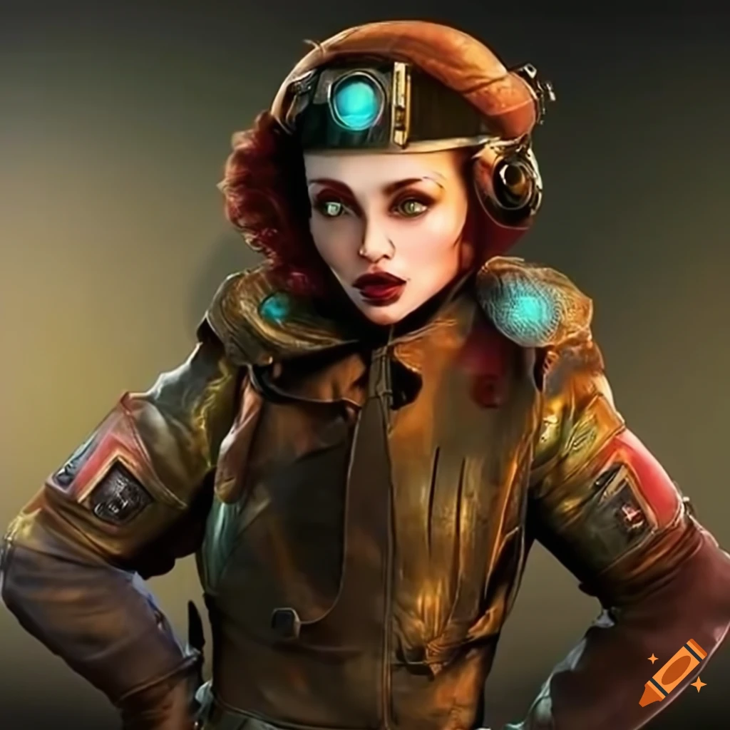 Female character in dieselpunk attire inspired by 1930s fashion on Craiyon