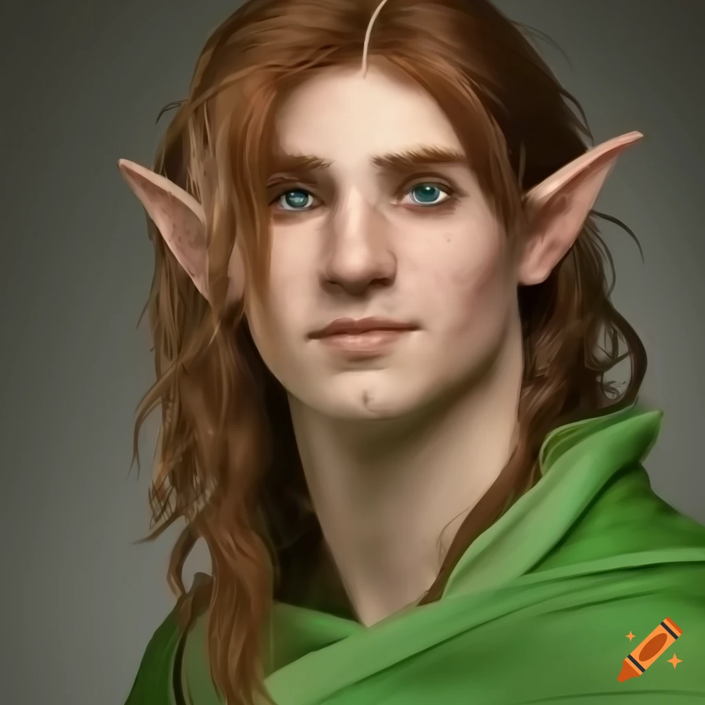 Dnd half-elf cleric with green robe and brown hair on Craiyon