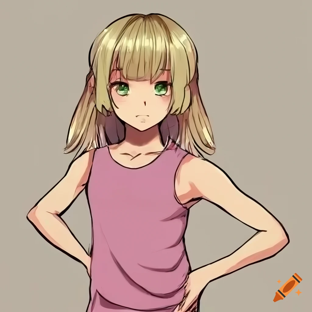Anime Girl With Blonde Hair And Green Eyes In A Pink Sleeveless T Shirt