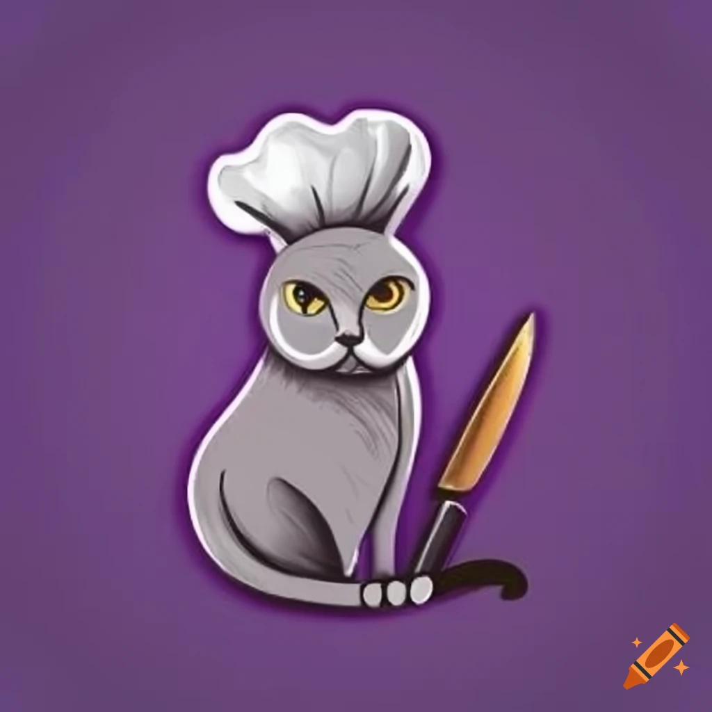 Grey cat logo with chef hat and kitchen knife on purple background on ...
