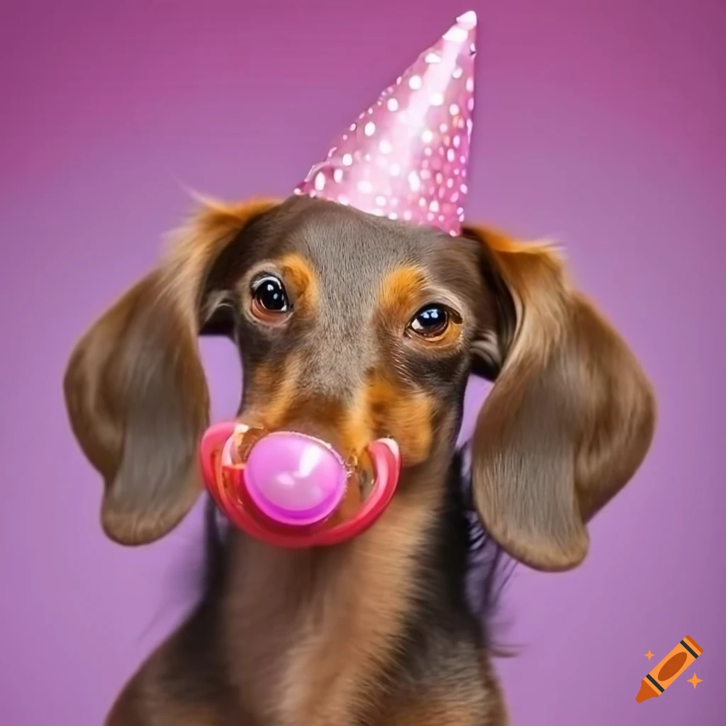 Cute brown daschund dog with pink party hat and pacifier on Craiyon