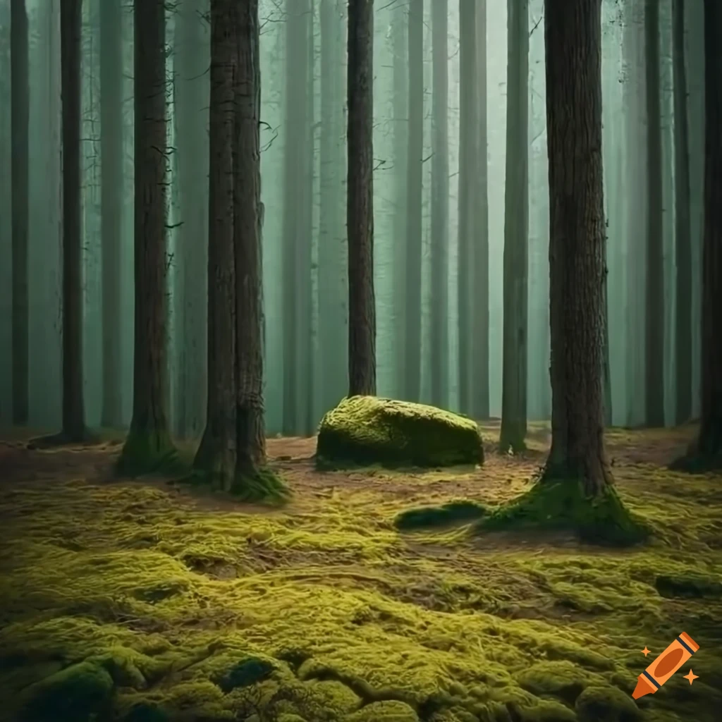 Pine forest with moss-covered ground and a flat rock in a clearing on ...