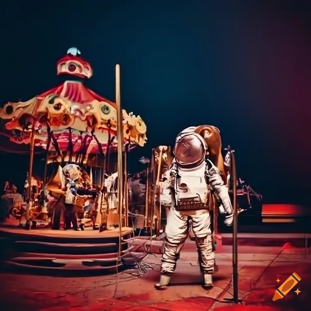 Steampunk astronaut on carousel with red sky and three moons on Craiyon