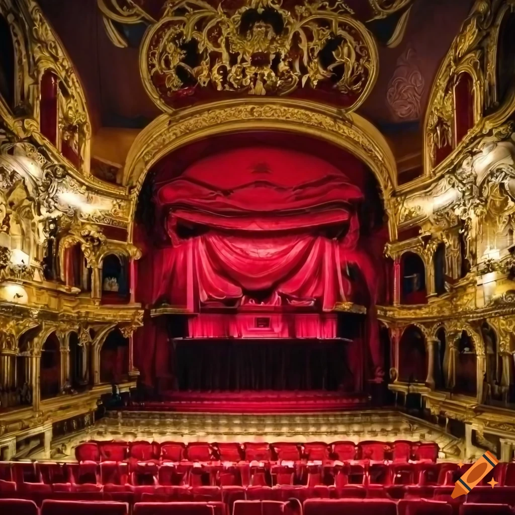 Interior view of a three-level opera hall with red chairs and gilding ...