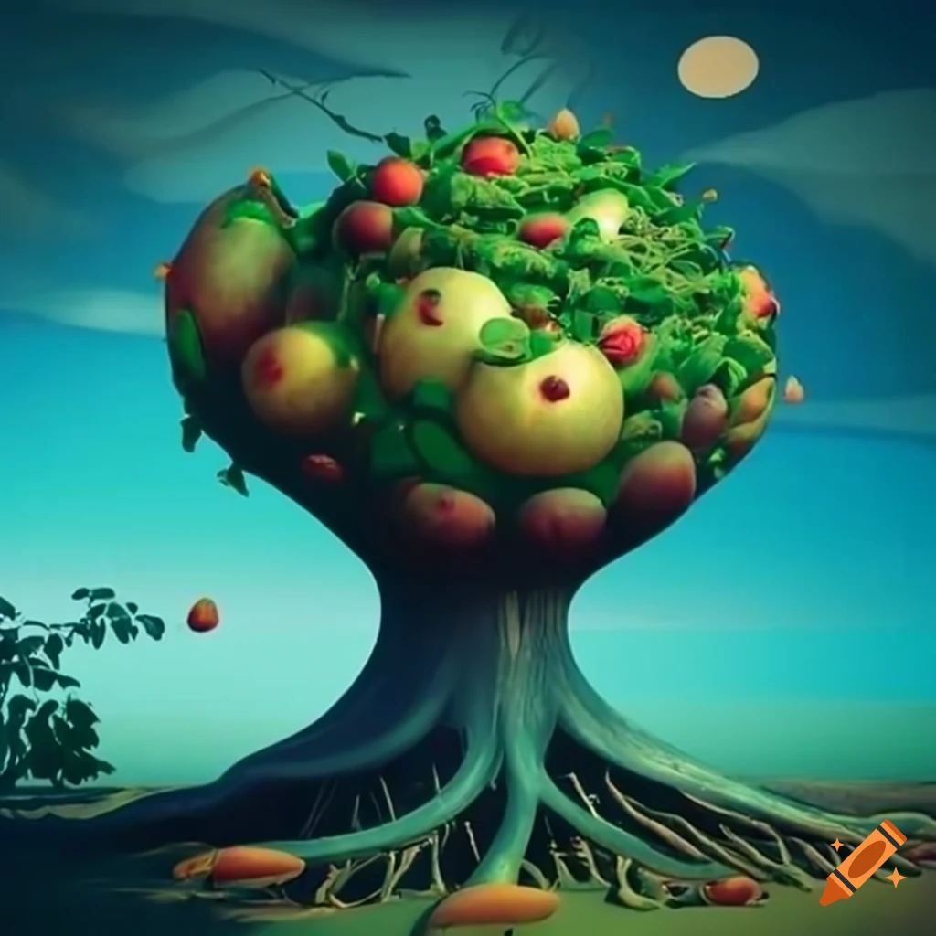 Village under an alien tree with hanging fruit on Craiyon