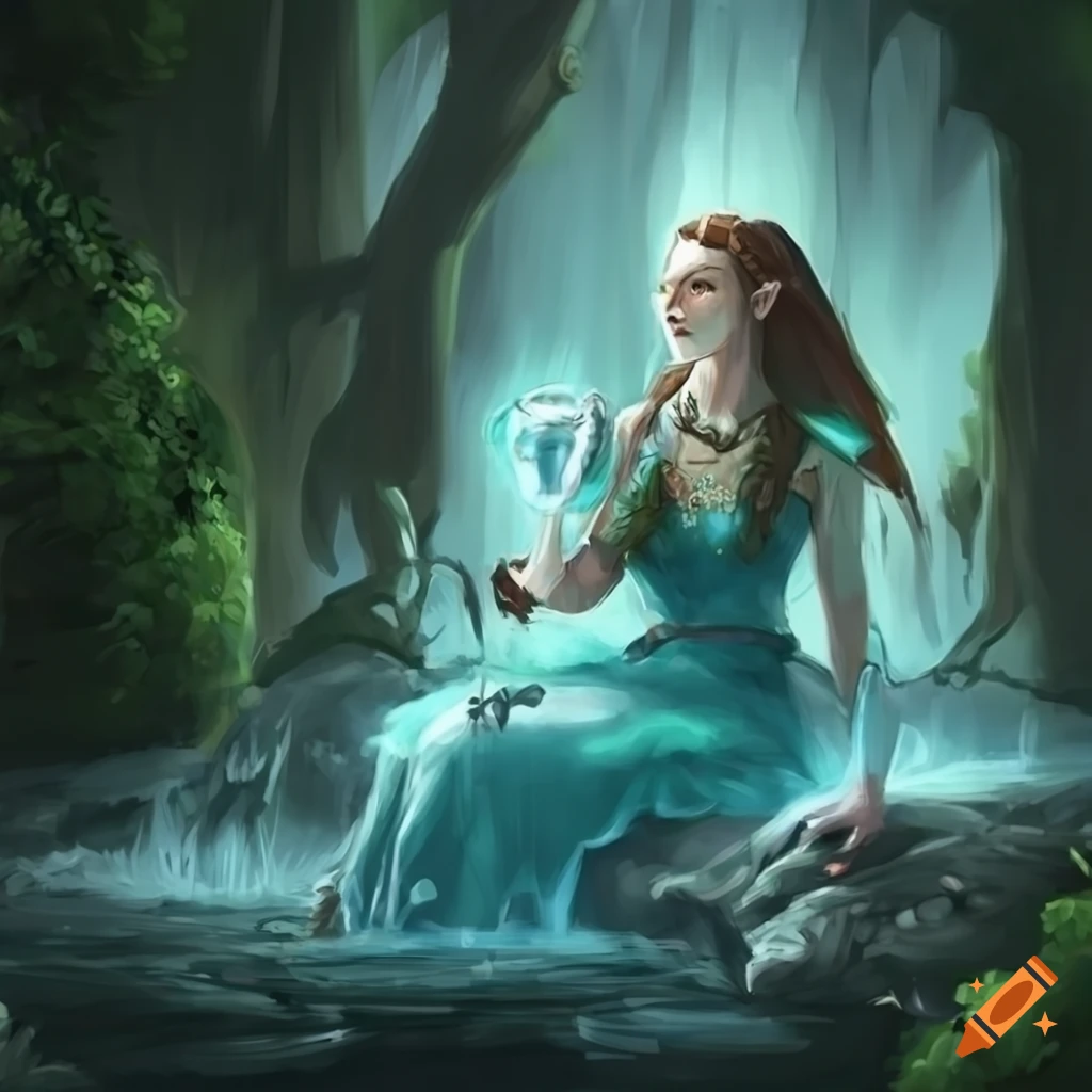 Elf pouring water in a fantasy art style on Craiyon