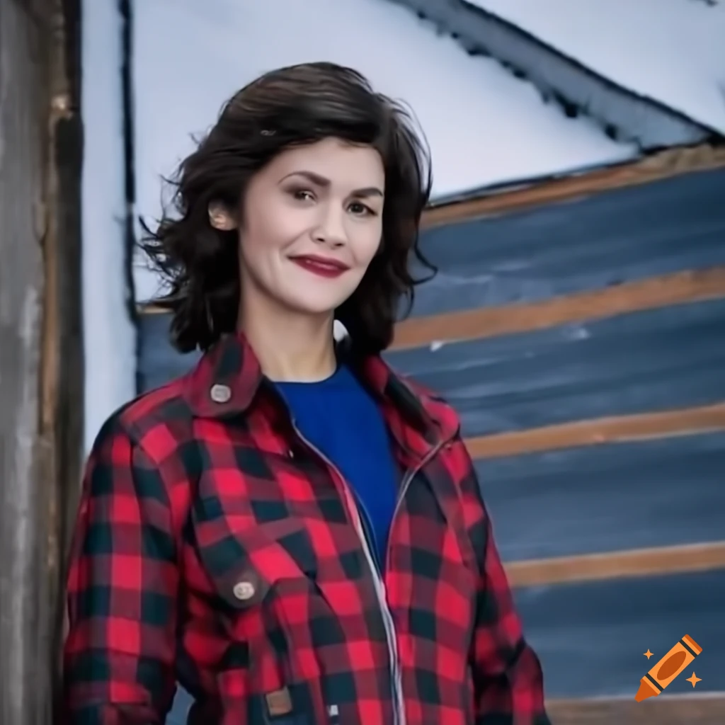 Young woman in a stylish outfit with a red plaid shirt, black leather jacket, and high-waist ...