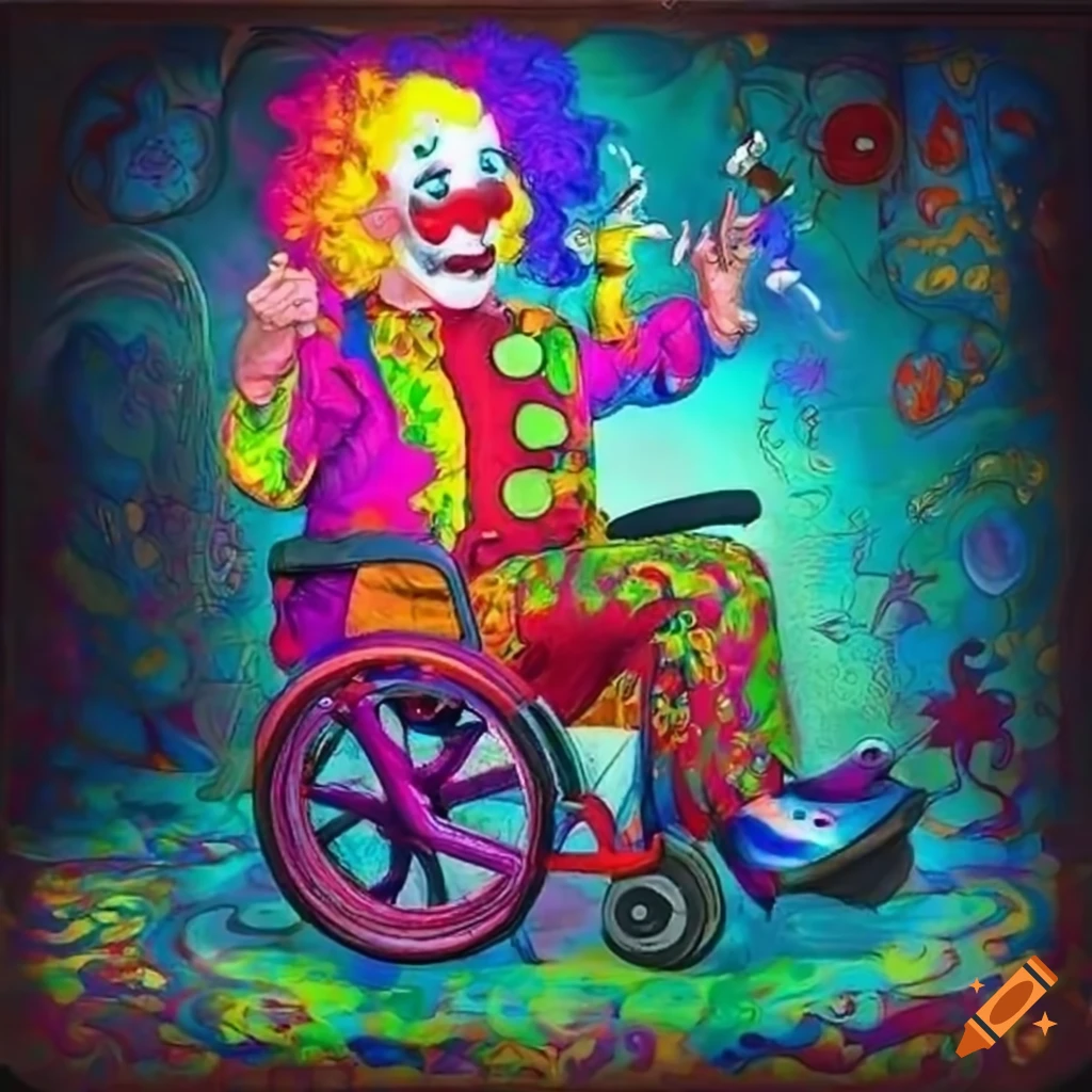 Clown in a wheelchair with a lisa frank style on Craiyon