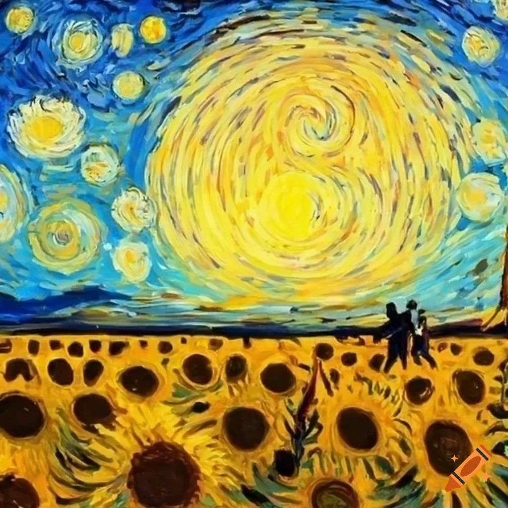 Paisaje con sol central, cielo celeste y prado de girasoles al estilo ...