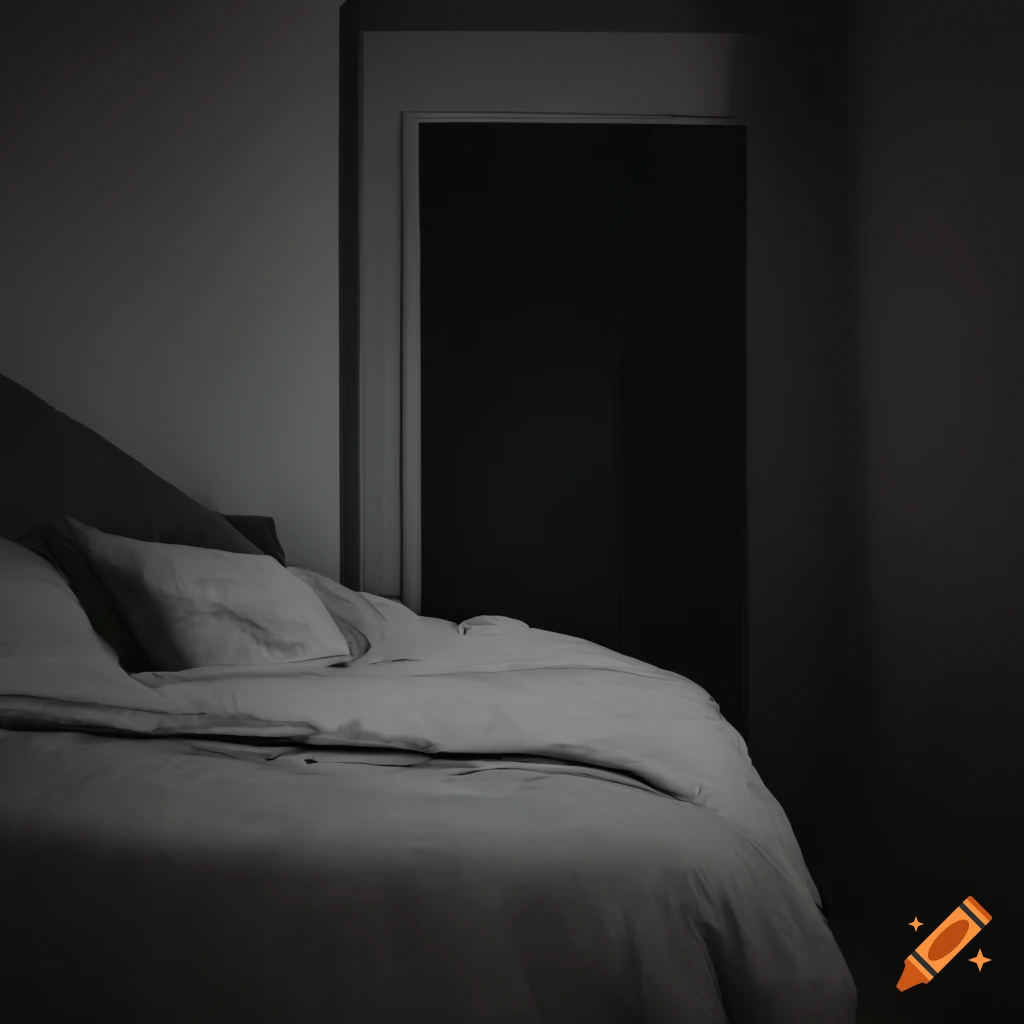 Dark bedroom with low camera angle at bed height on Craiyon