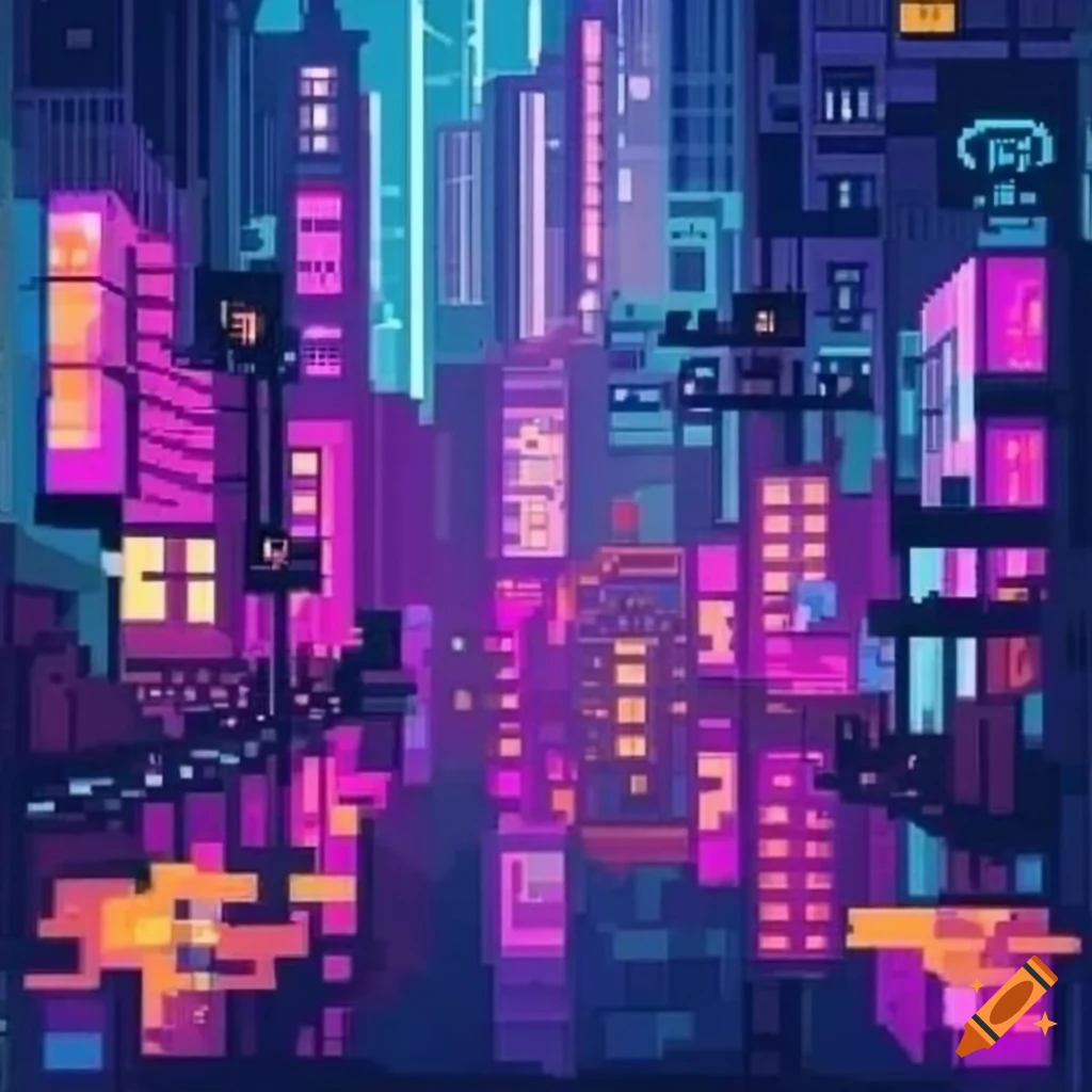 Cyberpunk neo city at night in pixel art style on Craiyon