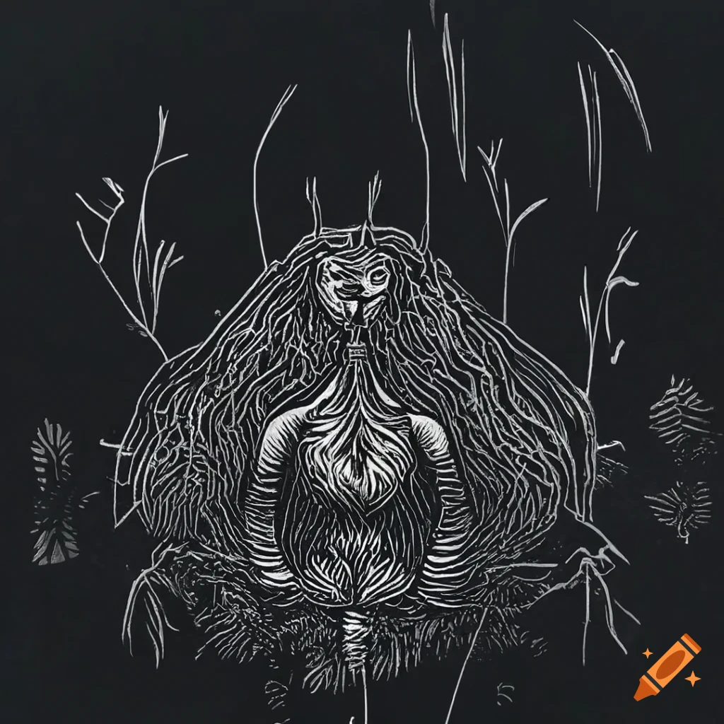 Bog goddess emerging from a swamp surrounded by mysterious animals and ...