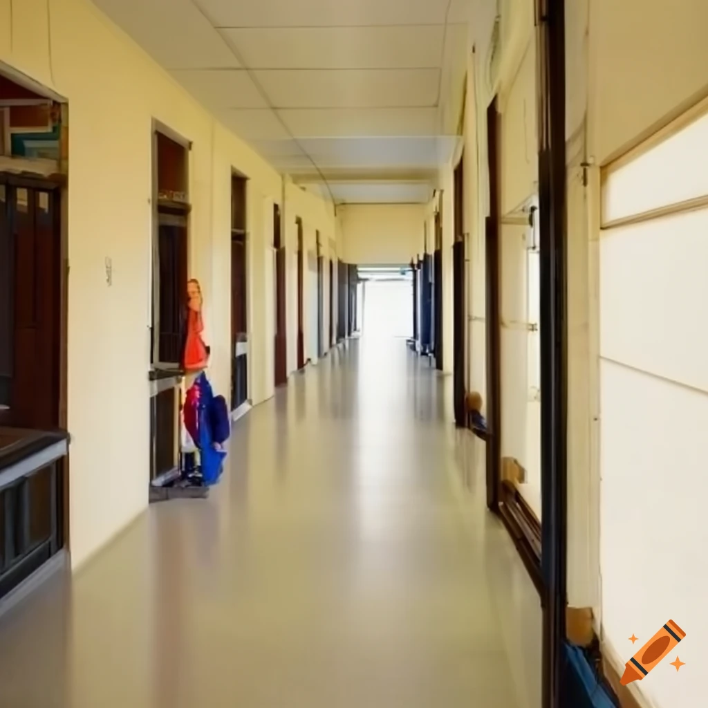 School corridor with classrooms and a hall on Craiyon