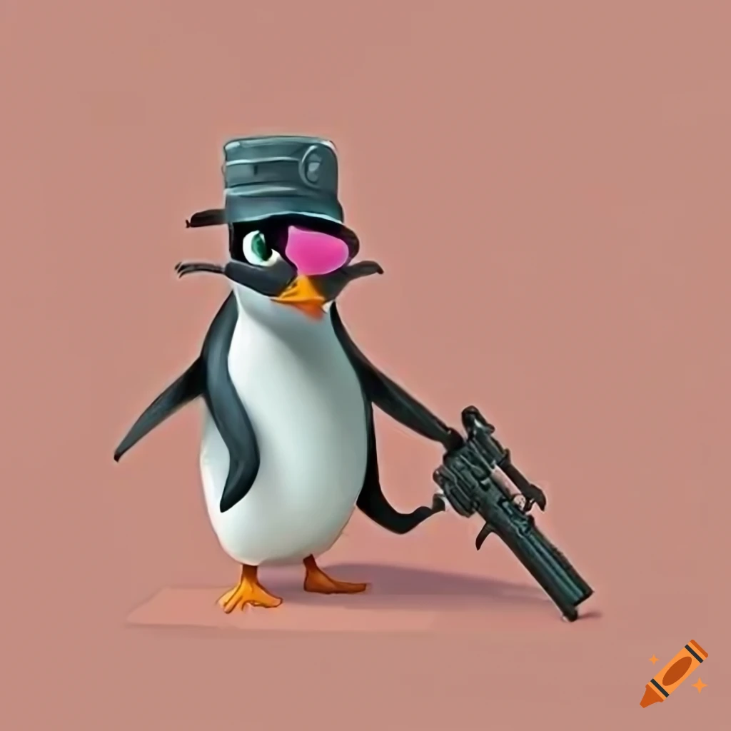 Cartoon penguin with eyepatch riding a flamingo and holding a machine ...