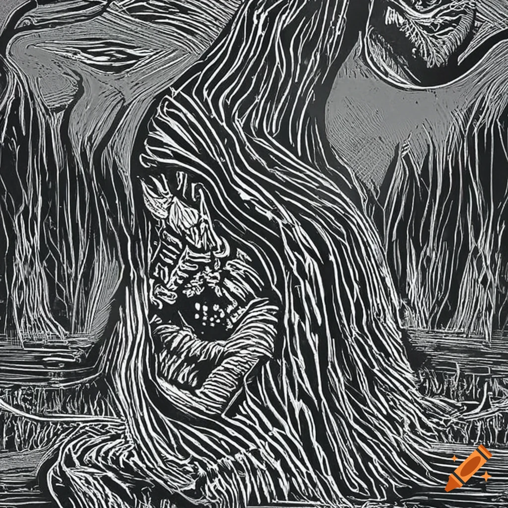 Monochrome linocut etching of a sad beautiful woman bog creature ...