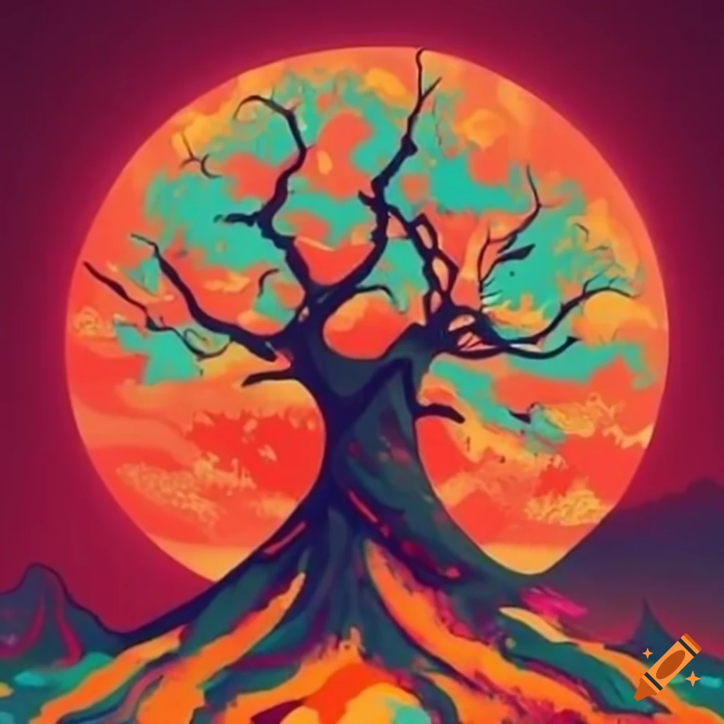 Ancient japanese style tree with a red sun on Craiyon