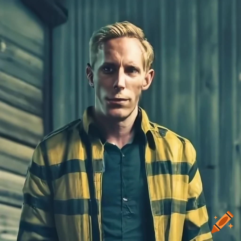 Blonde British actor in a yellow plaid shirt under a short-length black ...