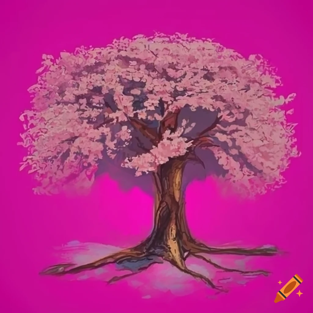 Big ancient cherry tree in full bloom on a magenta background on Craiyon