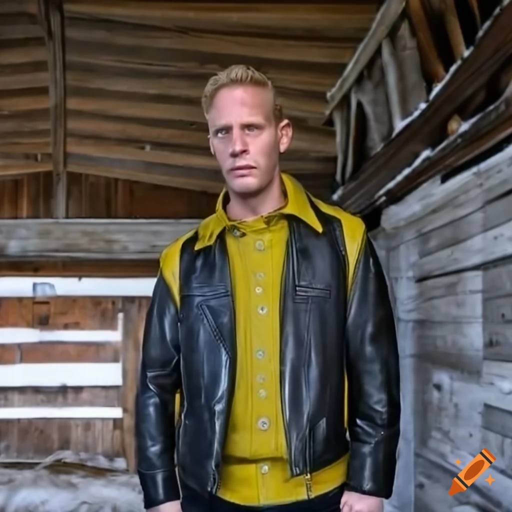 Blonde British actor in yellow plaid shirt and black leather jacket ...