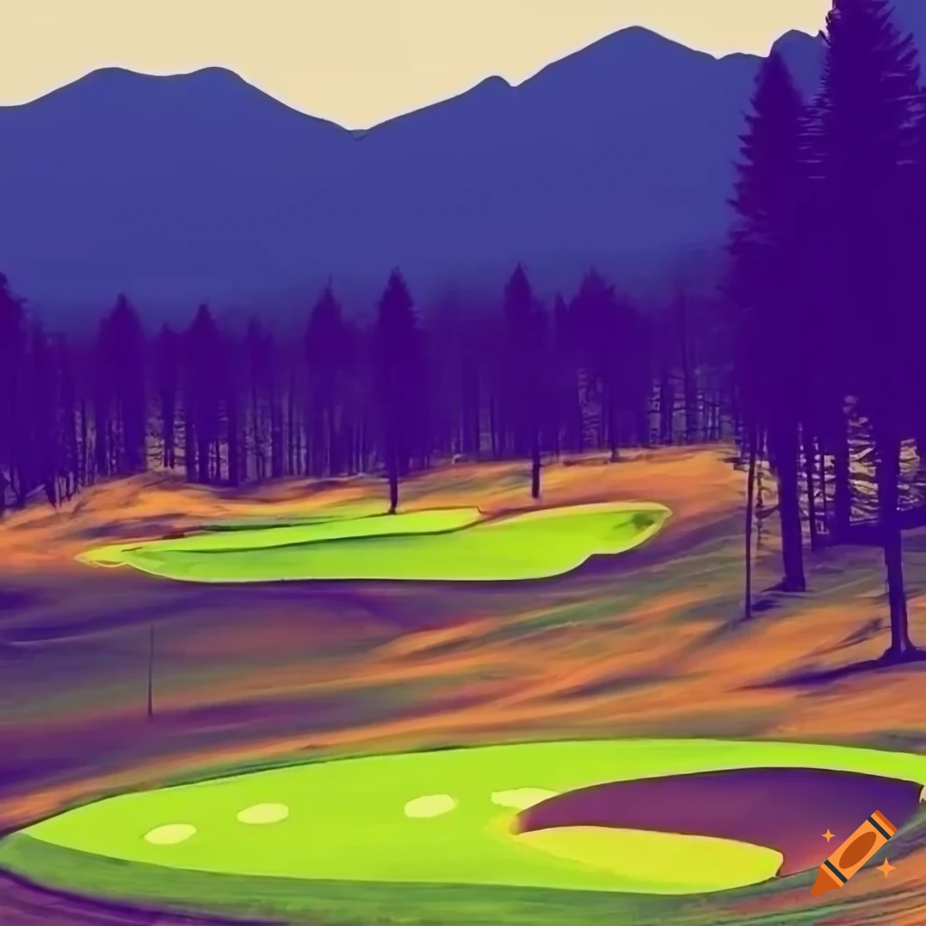 Golf course with mountains and trees in muted colors on Craiyon