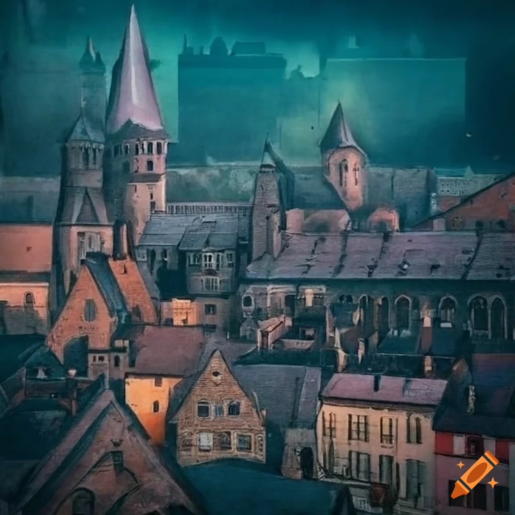 Medieval city map with streets, squares, monasteries, shops, towers ...