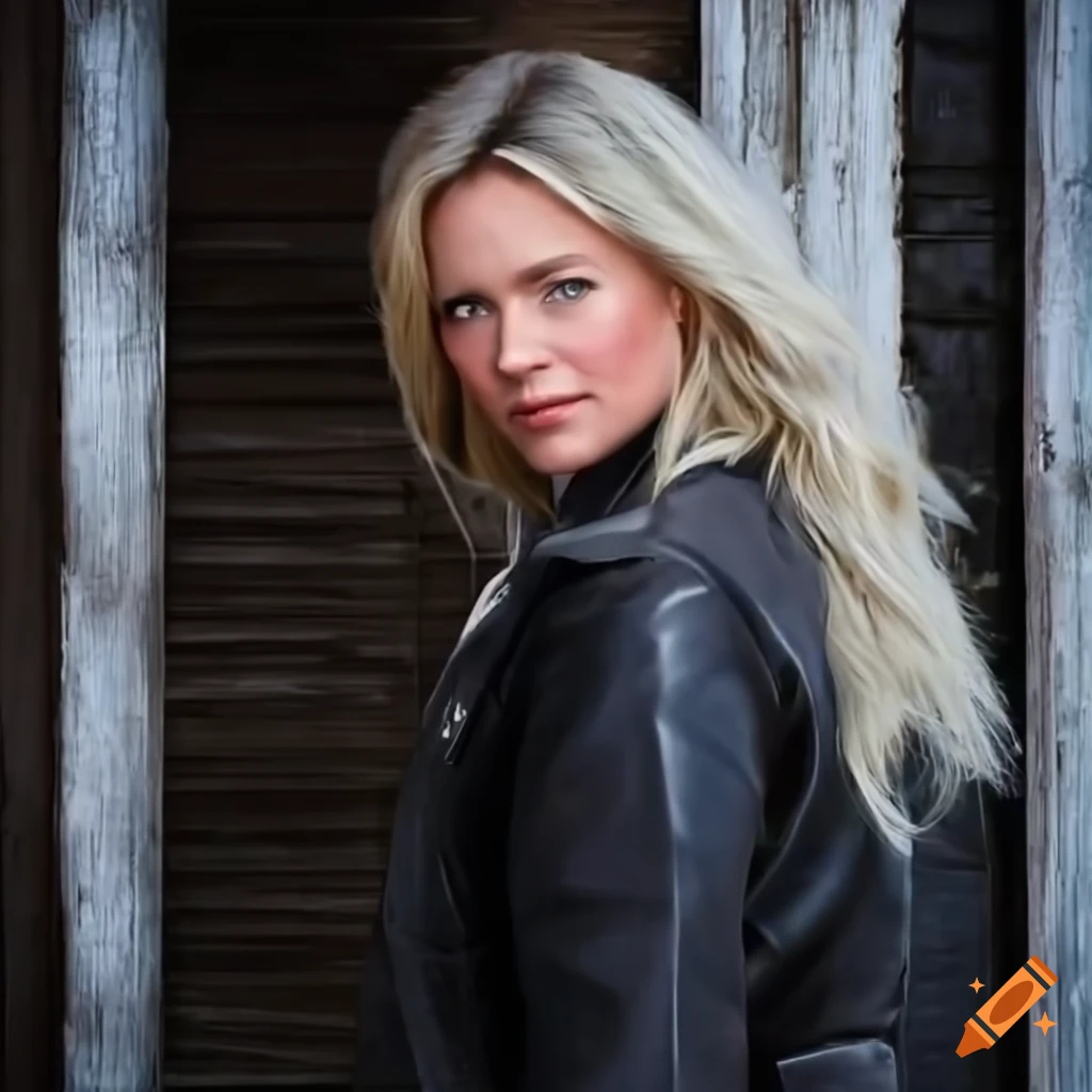 Blonde actress in country plaid shirt and black leather jacket on Craiyon